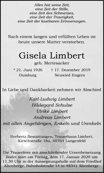 Traueranzeigen Von Gisela Limbert Trauer In Nrw De