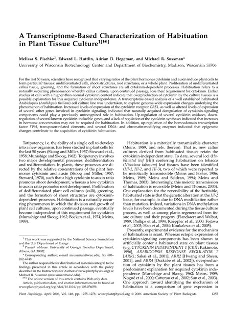 Pdf A Transcriptome Based Characterization Of Habituation In Plant Tissue Culture