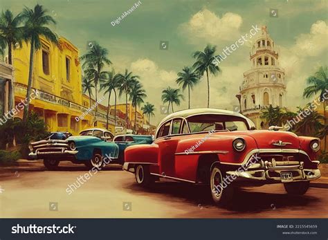 Digital Poster Illustration Vintage Cuban Cars Stock Illustration