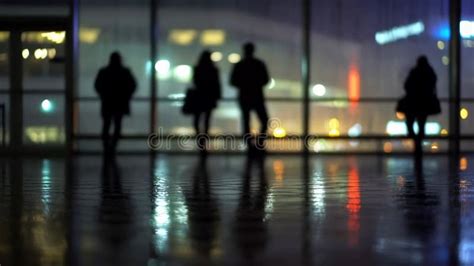 Silhouettes Of People Standing By A Window During Rain Reflecting City