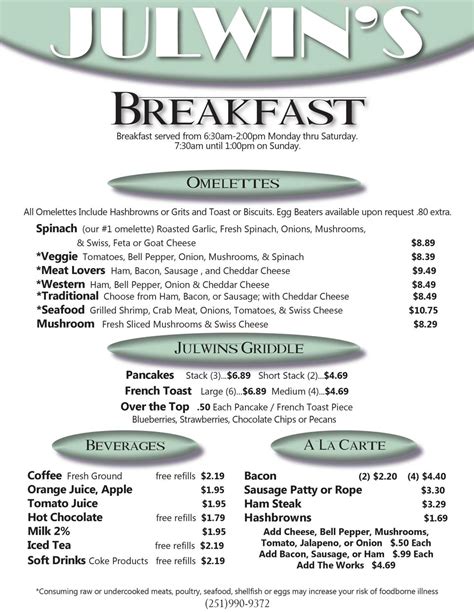 Menu At Julwins Restaurant Fairhope