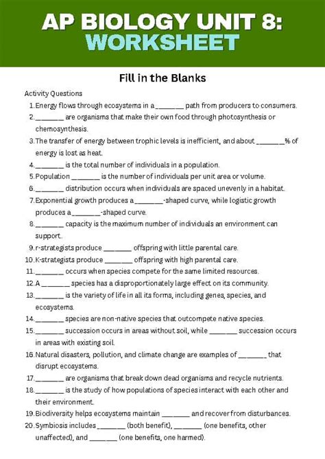 Ap Biology Unit 8 Ecology Fill In The Blanks Worksheet By Daud Science