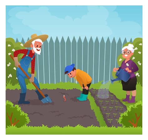 Schattige Jongen In De Tuin Met Opa En Oma Kind Aan Het Werk In De Tuin