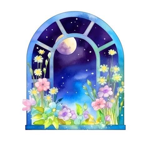 Premium Vector Window With Flowers In Night Watercolor Paint Vector