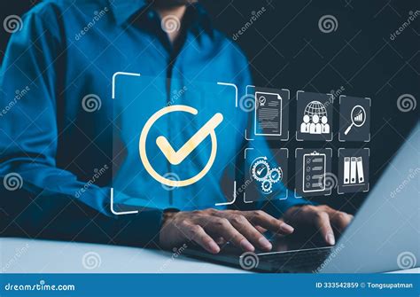 Digital Quality Control And Certification Concept Businessman Working On A Laptop With Icons