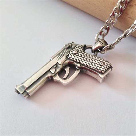 Aged Silver Gun Pistol Pendant Men Silver 925 Gun Necklace Silver Gun