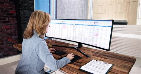 data analyst woman using spreadsheet stock image image of data audit