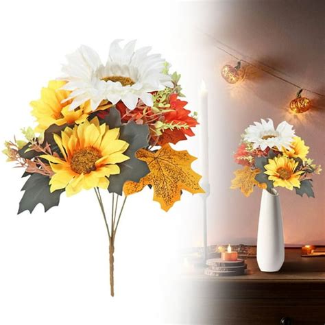 Fall Artificial Maple Leaves Sunflower Bouquet Orange Silk Floral