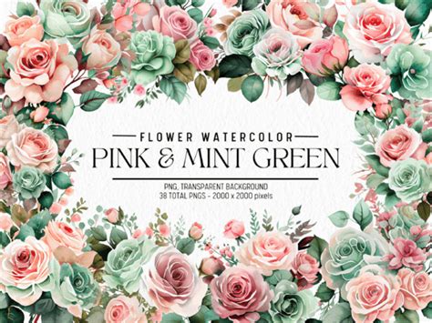 Pink And Mint Green Flowers Watercolor Graphic By Folv · Creative Fabrica