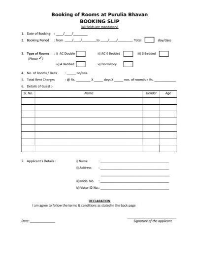 Booking Of Rooms At Purulia Bhavan Booking Slip Purulia Zilla