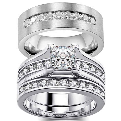 Matching Rings Couple Rings 1ct Cz 10kt White Gold Plated Women Wedding