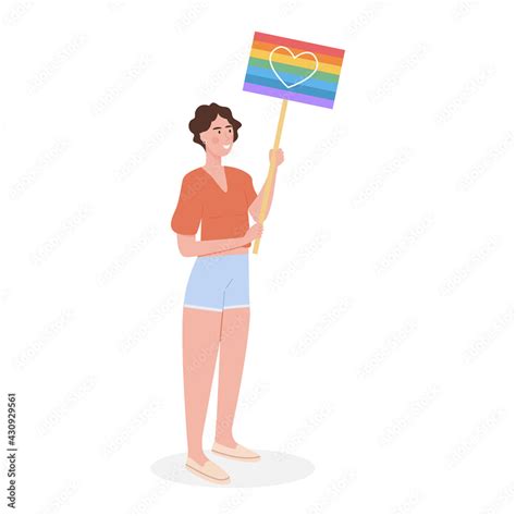 Lgtb Activist With Short Hair In Shorts At Pride Parade Holding Placard