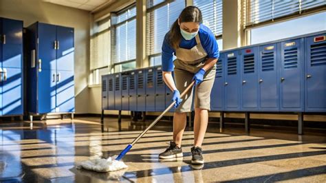 School Janitor Cleaning Classroom Floor With Mop During Daytime Premium Ai Generated Image