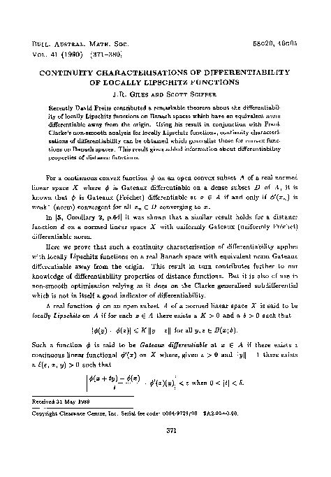 Pdf Continuity Characterisations Of Differentiability Of Locally Lipschitz Functions