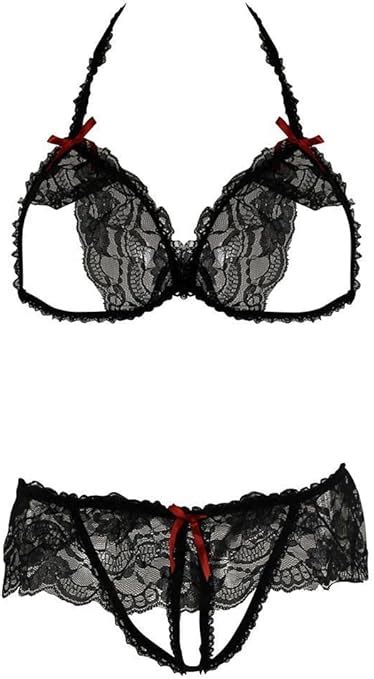 Rene Rofe Womens 2 Piece Lace Peek A Boo Bra And Crotchless Panty Set Black Small