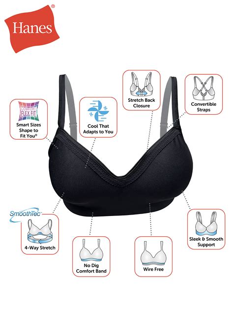 Hanes Womens Wireless Bra Smooth Comfort Full Coverage Bra Foam Cups Convertible Bra Straps