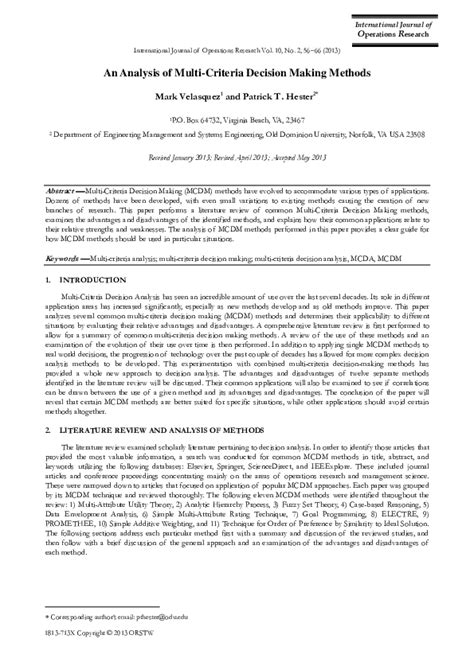 Pdf An Analysis Of Multi Criteria Decision Making Methods