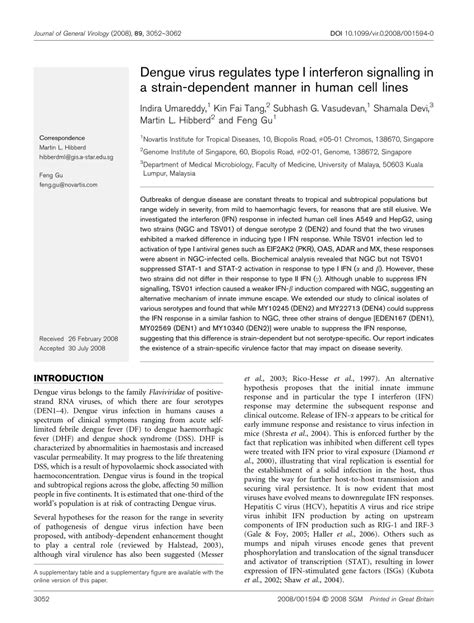 Pdf Dengue Virus Regulates Type I Interferon Signalling In A Strain Dependent Manner In Human