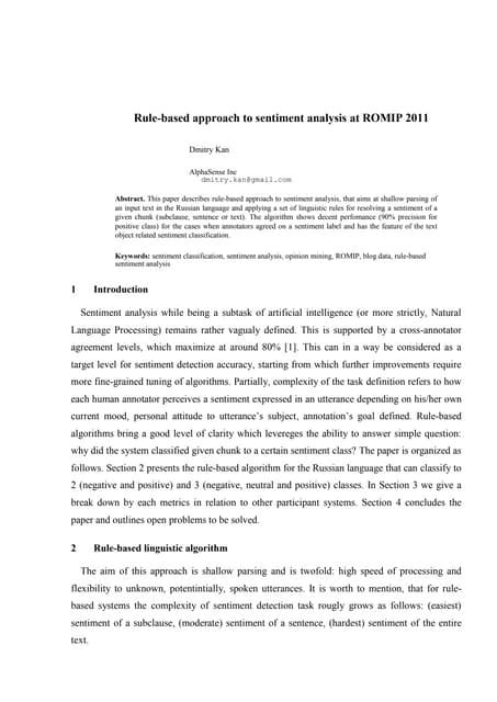 Rule Based Approach To Sentiment Analysis At Romip 2011 Pdf