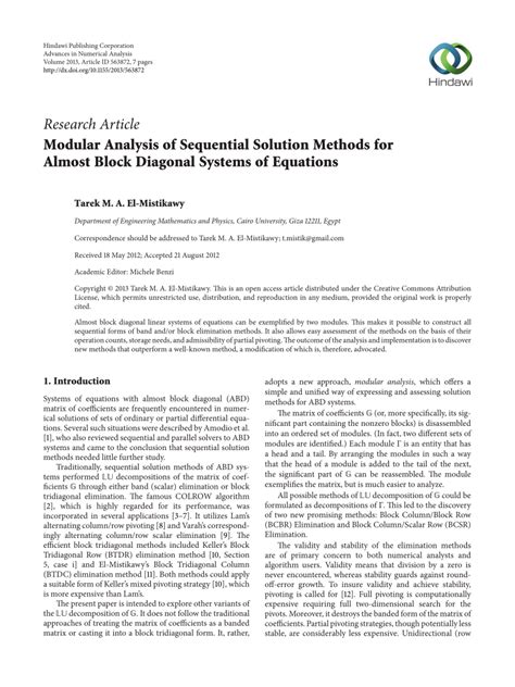 Pdf Modular Analysis Of Sequential Solution Methods For Almost Block Diagonal Systems Of Equations
