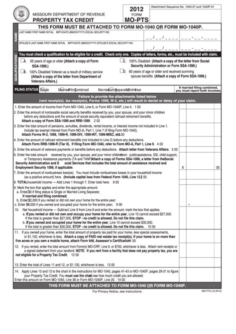 Fillable Form Mo Pts Property Tax Credit 2012 Form Mo Crp Certification Of Rent Paid For