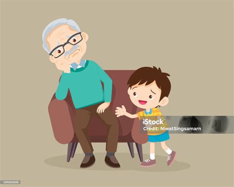 Kakeknenek Sedih Duduk Di Sofa Dengan Cucu Ilustrasi Stok Unduh Gambar Sekarang Cemas