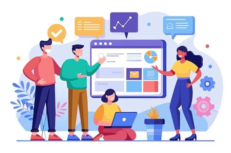 Premium Vector A Team Of Diverse Individuals Collaborates To Analyze Website Data And Metrics
