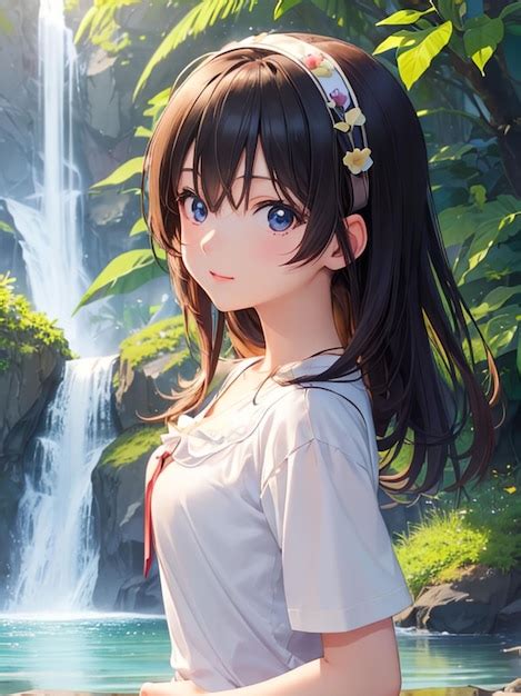 Premium Ai Image Beautiful Anime Girl Next To The Waterfall For