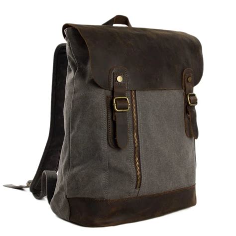 Waxed Canvas And Leather Casual Backpack Dark Grey Blue Sebe