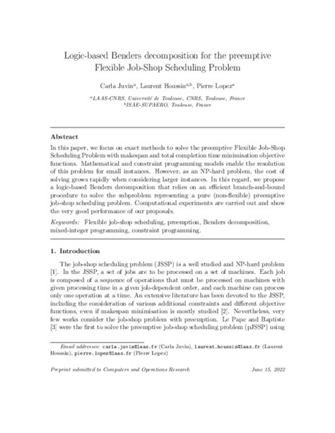 Pdf Logic Based Benders Decomposition For The Preemptive Flexible Job Shop Scheduling Problem