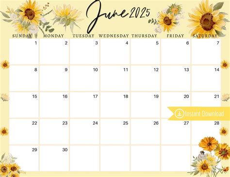 June 2025 Digital Calendar Yellow Sunflowers Planner Editable
