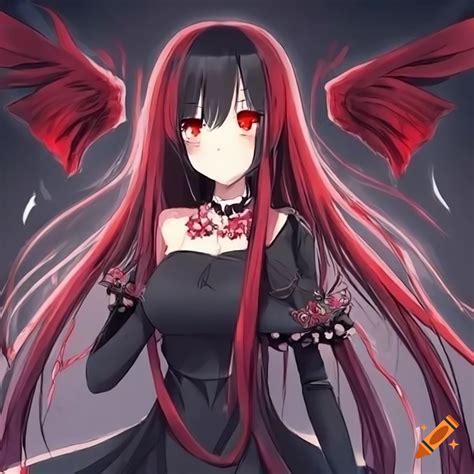 Illustration Of An Anime Girl With Black Hair And Red Eyes