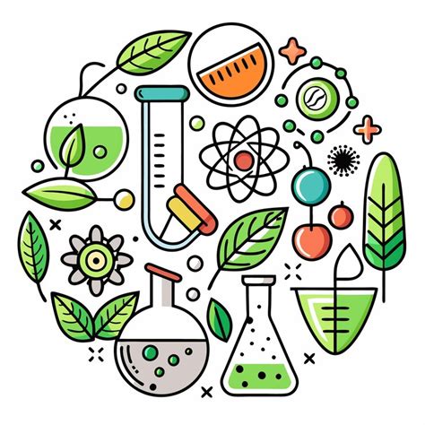 Colorful Illustration Of Science And Nature With Test Tubes Atom Leaves And Fruit Premium Ai