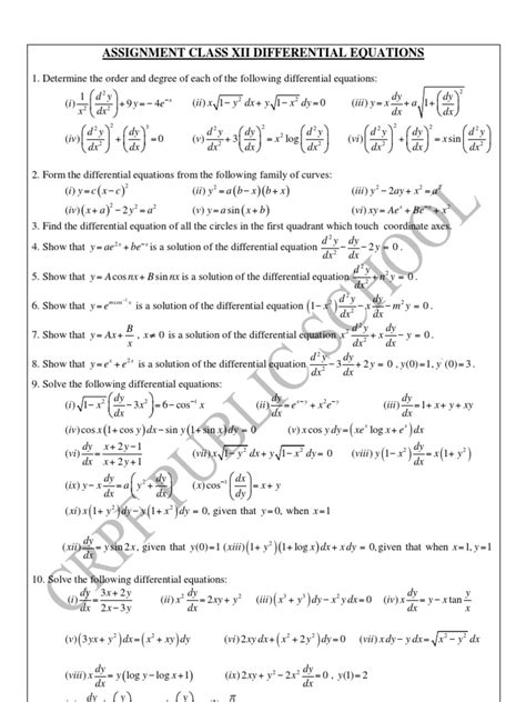 Xii Differential Equations Assignment Pdf