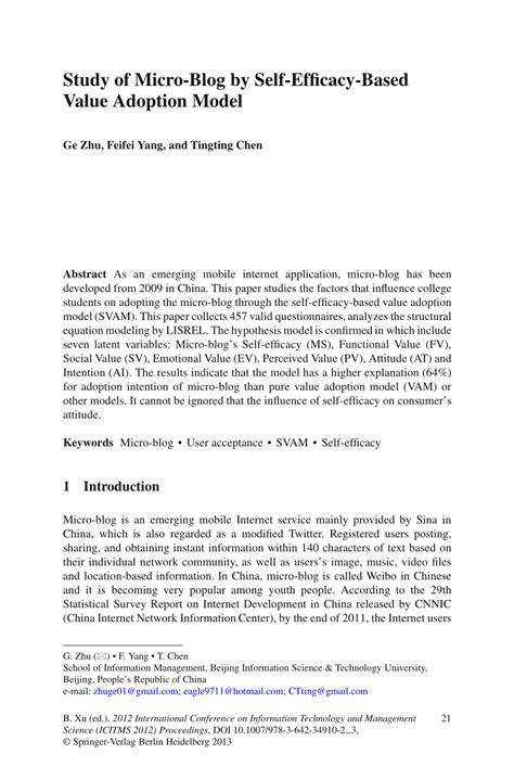 Pdf Study Of Micro Blog By Self Efficacy Based Value Adoption Model