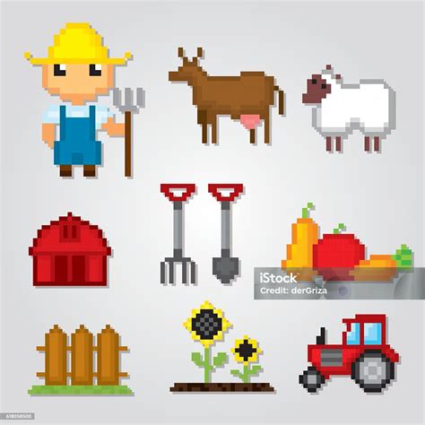 Farm Icons Set Pixel Art Old School Computer Graphic Style Stock