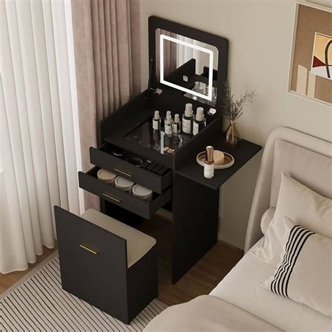 Artethys Small Vanity Desk Set With Flip Top Mirror And Lights Black