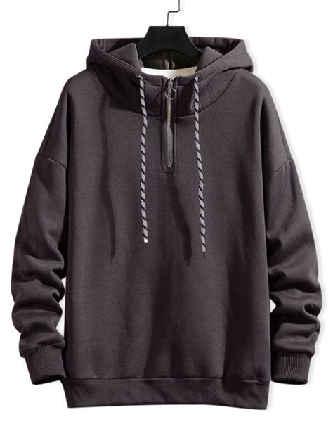 Solid Ring Vent Zip Drawstring Fleece Hoodie Hoodies Men Hoodies