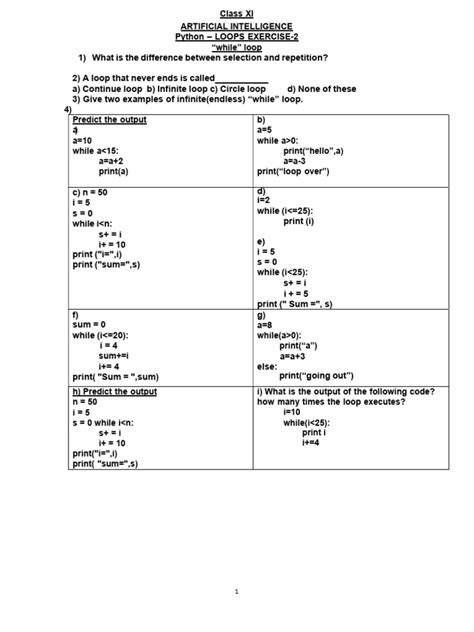 Class Xi Ai Python Loops Worksheet While Loop Pdf Computer