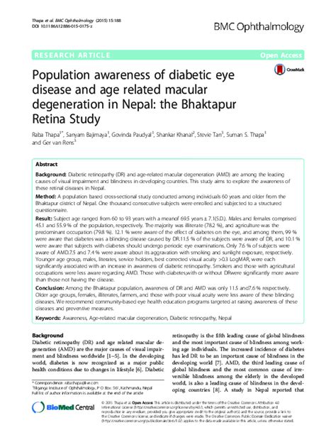 Pdf Population Awareness Of Diabetic Eye Disease And Age Related Macular Degeneration In Nepal
