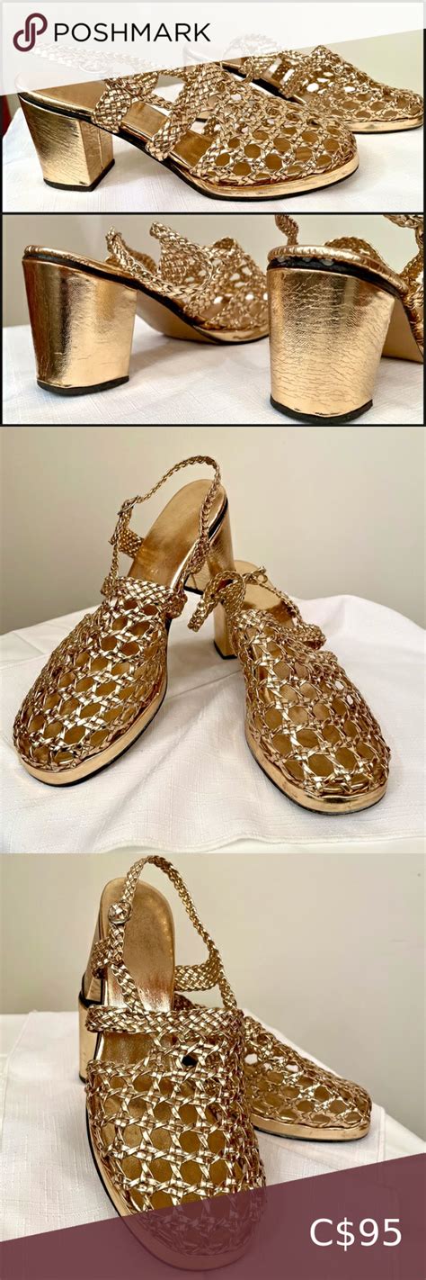 Incredible 70s Gold Platform Woven Leather Dress Shoes Platform Dress
