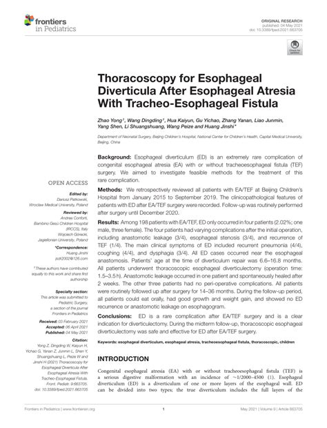 Pdf Thoracoscopy For Esophageal Diverticula After Esophageal Atresia With Tracheo Esophageal