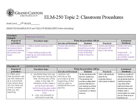 T2 Classroom Procedures Template 2 Elm 250 Topic 2 Classroom