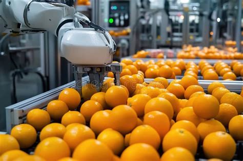 Robotic Arm In A Modern Facility Is Efficiently Sorting And Packing Fresh Oranges Showcasing