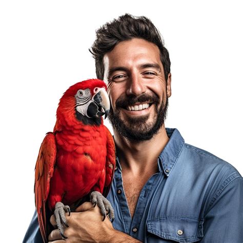 Premium Photo Happy Macaw Awner Smilling And Holding Jis Macaw In Arms Isolated On White