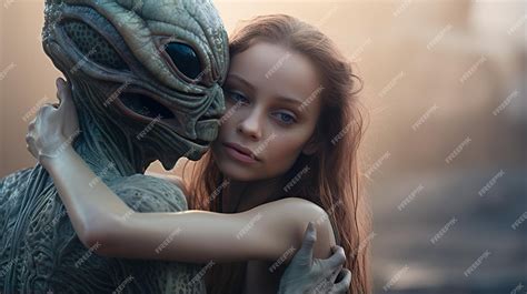 A Girl Hugs An Alien Closeup Communication And Interaction With Aliens
