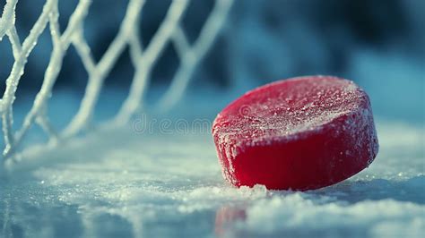 Frozen Red Hockey Puck Resting By The Net On Ice Stock Illustration Illustration Of Cold