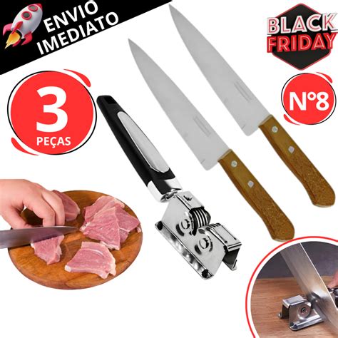Kit 03 Peças Faca Inox Cabo De Madeira Corte Preciso Cozinha Profissional N°8 E Afiador De Faca