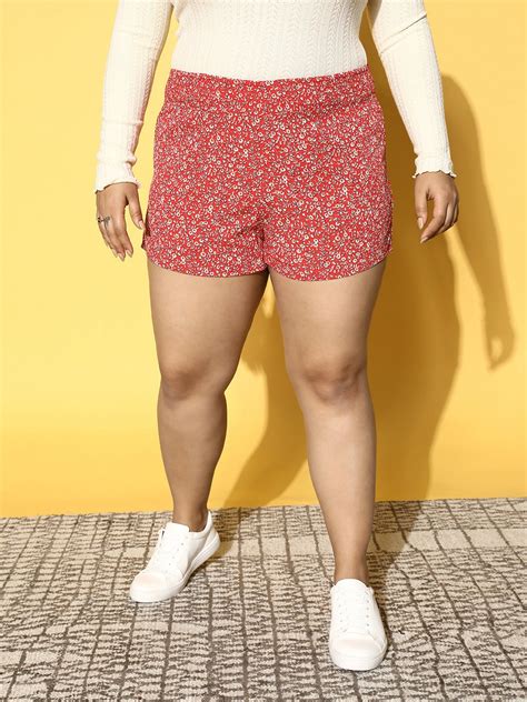 Women Plus Size Red And White Floral Printed Polyester Slip On High Rise