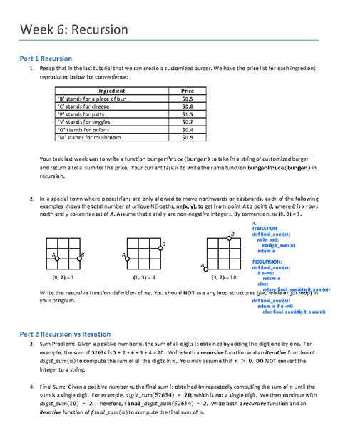 Ay25 26s1 Week 06 Recursion Worksheet Functions And Concepts Studocu